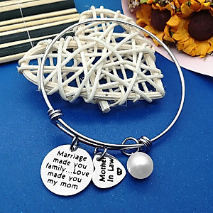 Mother-In-Law Gift Charm Bracelet Adjustable Marriage Made You Family Love Made You My Mom Wire Bangle Bracelet Keychain for Stepmom Mother of the Groom Mother of the Bride Birthday Wedding