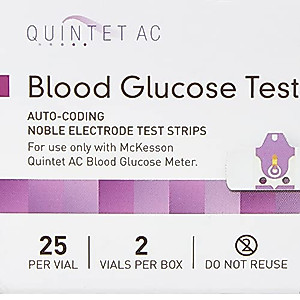 McKesson QUINTET AC Blood Glucose Test Strips - Auto Coding, Noble Electrode Strips, for Self-Testing and Point-of-Care Testing of Whole Blood Glucose, 100 Strips, 2 Packs, 100 Total