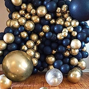 Navy Blue Balloon Garland Arch Kit 134pcs, Metallic Gold and Blue Balloons Party Supplies Background Decoration for Graduation Baby Shower Birthday Wedding Ceremony Anniversary with Ballon Stripand