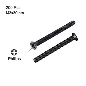 uxcell M3 x 30mm Phillips Screw Fastener Black for Laptop PC TV Fan Switch 200pcs