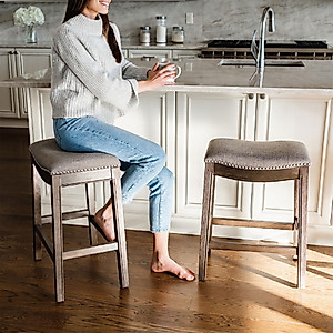 Maven Lane Adrien 31 Inch Bar Height Upholstered Backless Saddle Barstool in Dark Walnut Finish with Ash Grey Fabric Cushion Seat, Set of 2