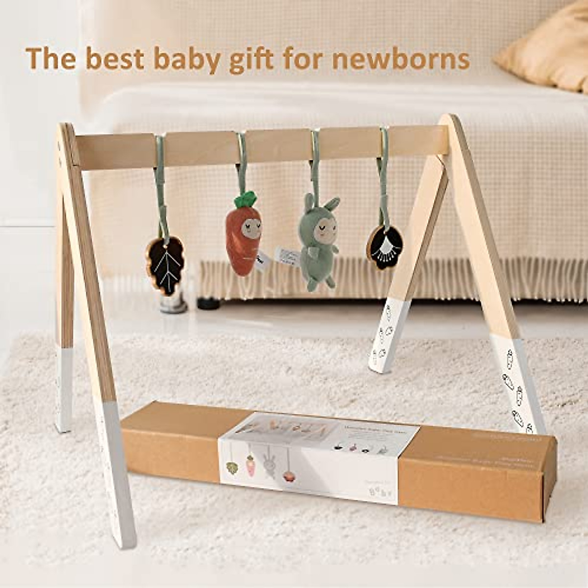 PairPear Wooden Baby Play Gym with 4 Learning Toys,Baby Stage-Based Developmental Activity Gym & Play Center Gift for Newborn Baby Girl and Boy Gift
