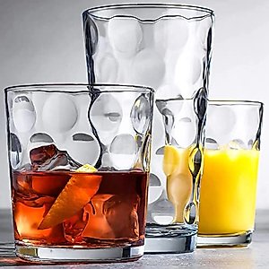 Le'raze Drinking Glasses Set of 18 Clear Glass Cups - 6 Highball Glasses 17oz, 6 Rocks Glasses 13oz, 6 DOF Glasses 7oz, Bubble Design Glassware Set for Water, Juice, Wine, Cocktails, & Beer Glasses.