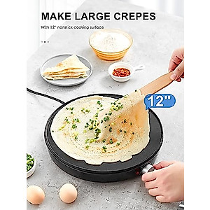 Crepe Maker Machine, Reemix Compact Pancake Griddle Precise Temperature Control, Nonstick 12” Electric Griddle, Batter Spreader for Eggs, Pancakes, Omelets and Quesadillas, Includes Spatula, Spreader