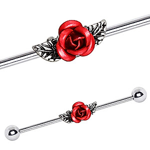 blue palm jewelry 14 Gauge 1 &1/2 Inch 5mm Ball Ends Red Rose Over 316L Surgical Steel Industrial Barbells T272