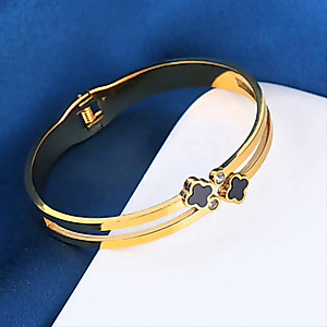 Dainty Clover Bangle Bracelet Stainless Steel Gold Plated With Crystal Accents