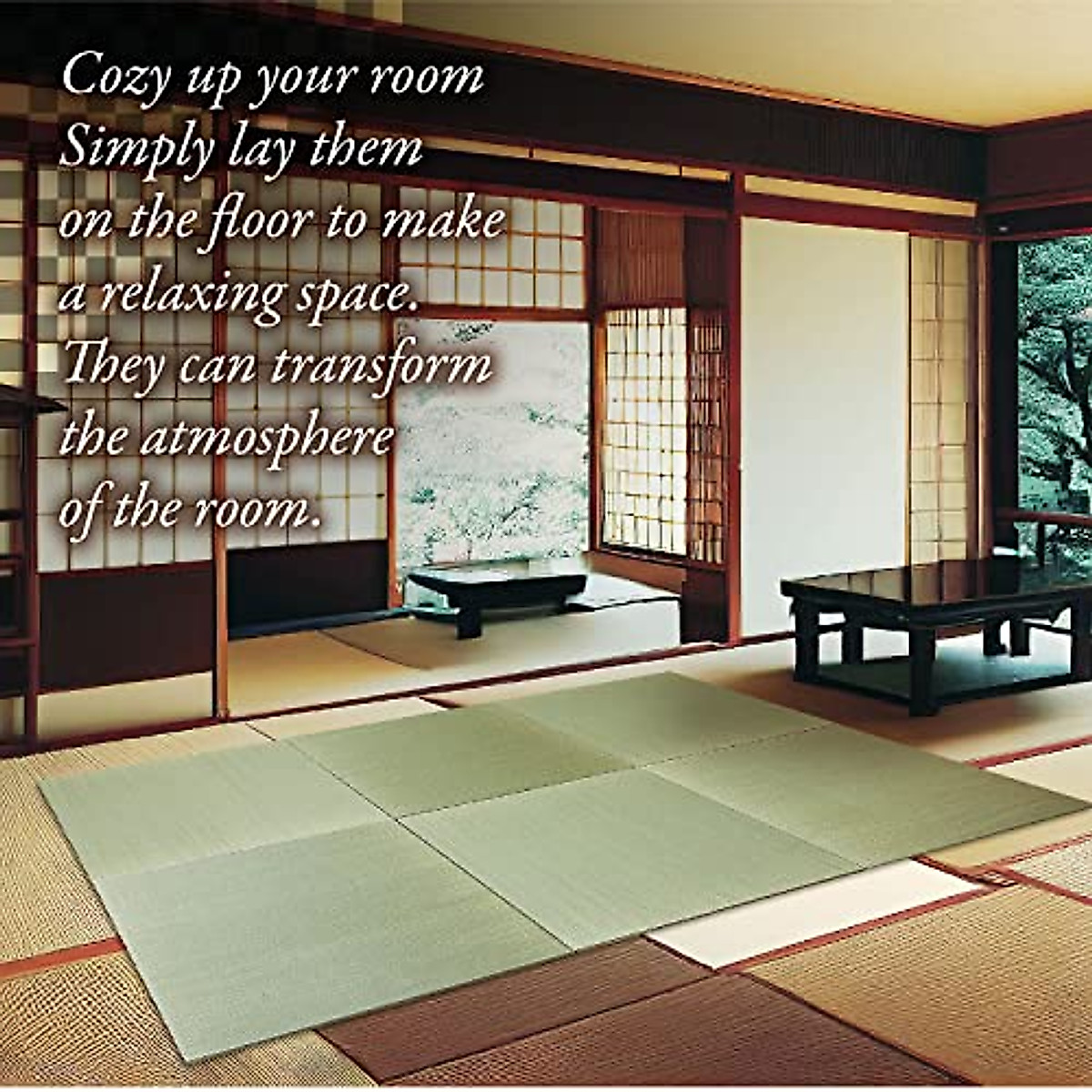 MIINA Tatami Mat Set - Finely Woven Igusa Grass, Japanese futon Mattress, Floor Mattress, Non-Slip, 32x32 Inch (Natural, 6pieces)