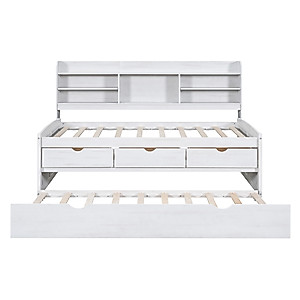 VilroCaz Twin Size Wooden Captain Bed with Built-in Bookshelves, Versatility Daybed Sofa Bed with 3 Storage Drawers and Trundle for Living Room Bedroom Office, Sturdy Slats Support, Maximized Space