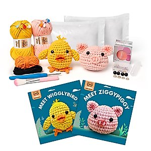 Abudada Craftori Crochet Kit for Beginners - Complete Starter Kit with Easy to Stitch Yarn, Step by Step Video Tutorials - Perfect DIY Gift - 2 Animals, Bird and Piggy