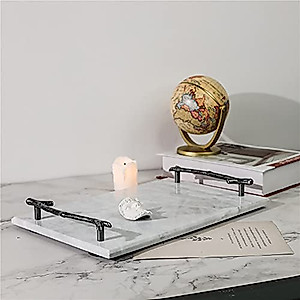 Luxury Marble Tray with Stylish Metal Handles, Vanity Tray for Jewelry Display, Marble Serving Tray, Marble Tray for Kitchen, Counter, Dresser, Nightstand and Desk (Gray with Metal Handles)