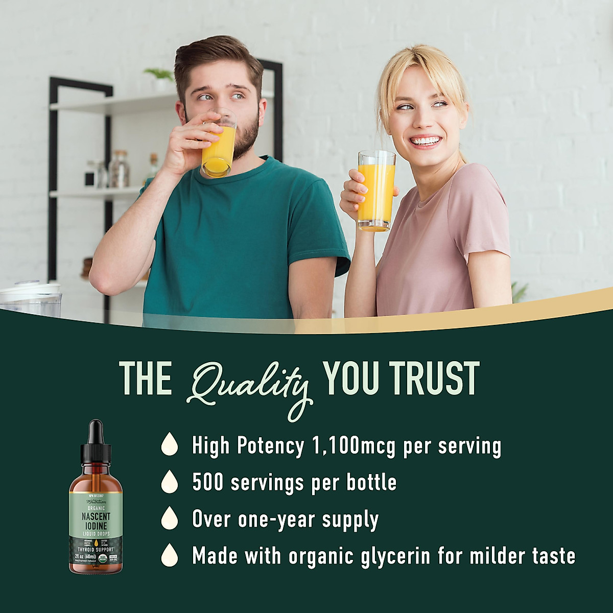 Organic Iodine Liquid for Thyroid Support | Nascent Iodine Supplements Over 1-Year Supply | USDA Certified Organic | Decolorized Iodine for Metabolism Support | Potassium Iodide Liquid | 1100 mcg