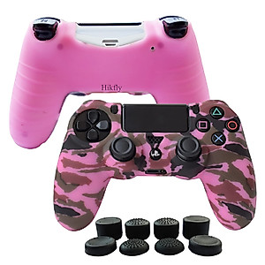 Hikfly Silicone Gel Controllers for Game Consoles Skin Cover Protector Compatible for PS4/PS4 Slim/PS4 Pro Controller (1 x Controller Cover with 8 x FPS Pro Thumb Grip Caps)(Pink)