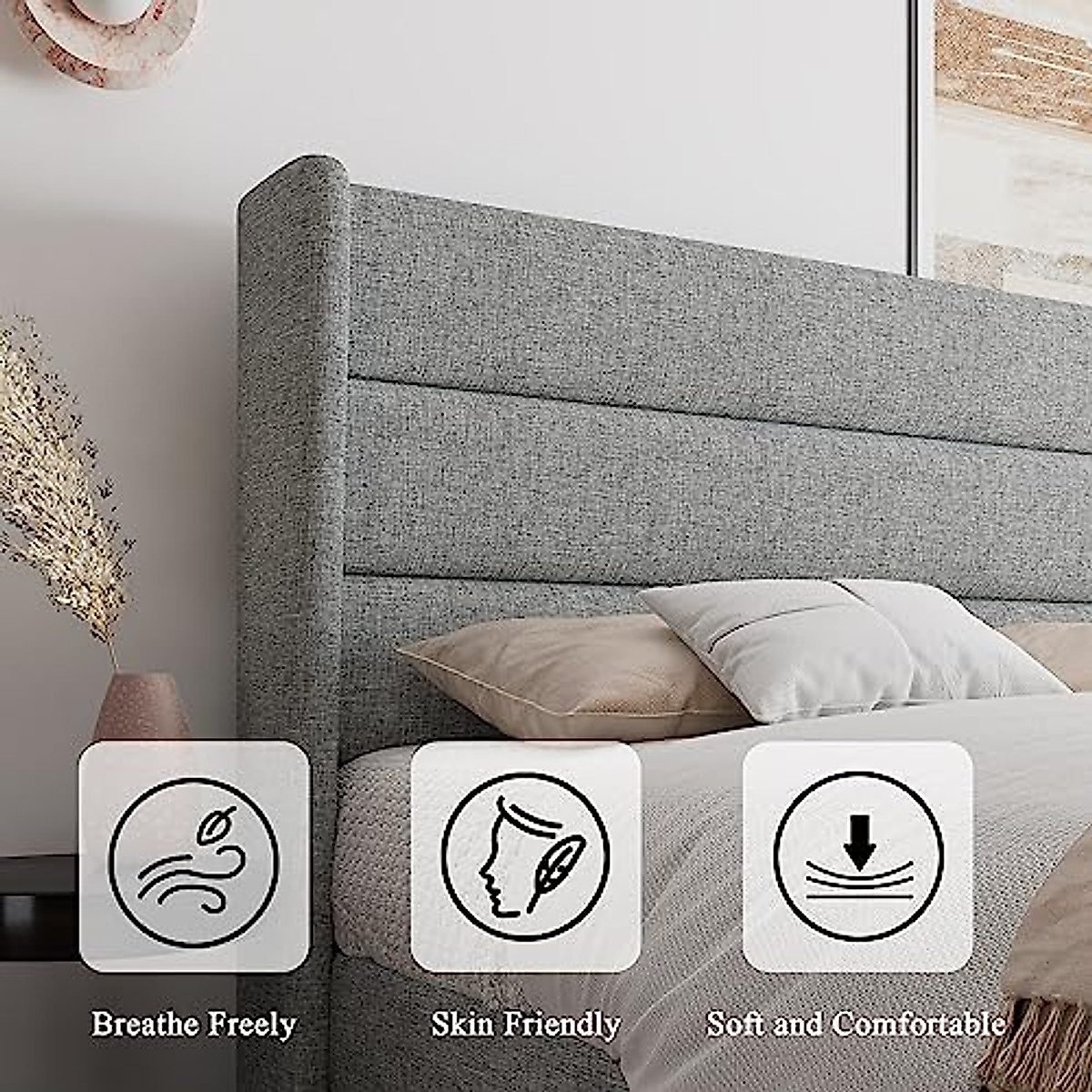 Feonase Queen Bed Frame, Upholstered Platform Bed Frame with Wingback, Wood Slats Support, No Box Spring Needed, Easy Assembly, Noise-Free, Light Gray
