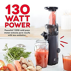 DASH Deluxe Compact Masticating Slow Juicer, Easy to Clean Cold Press Juicer with Brush, Pulp Measuring Cup, Frozen Attachment and Juice Recipe Guide - Black