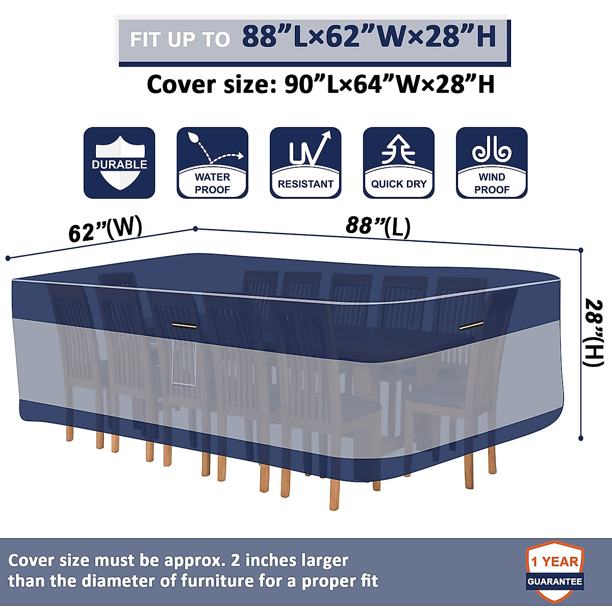 MAXVINI Patio Furniture Covers 88''Lx62''Wx28''H Outdoor Furniture Table Cover Waterprooof Heavy Duty Patio Covers Table and Chairs Covering Patio Furniture for Winter