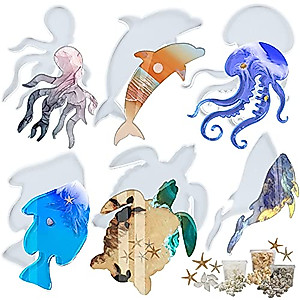 Sea Animal Epoxy Resin Silicone Tray Molds Dolphin Fish Jellyfish Turtle Octopus Whale Serving Board, Platter, Wall Hanging, Coaster with Mini Seashells Starfish Inlay Supplies