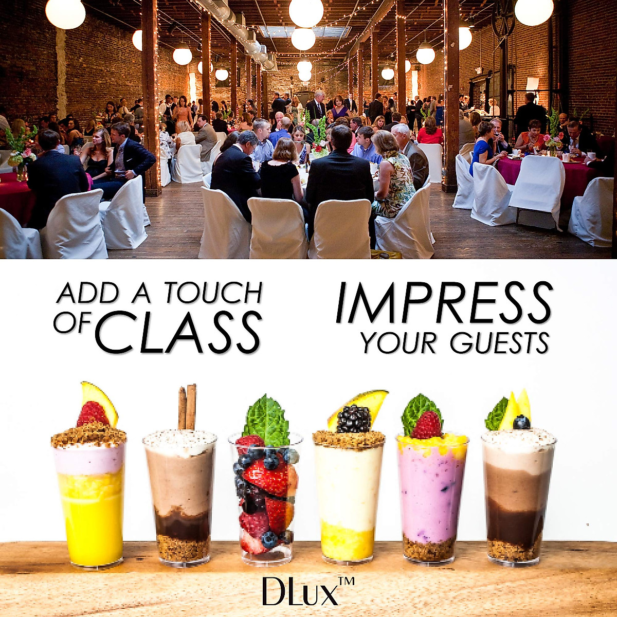 DLux 50 x 3oz Mini Dessert Cups with Lids & Spoons, Shooter - Clear Plastic Parfait Appetizer Cup - Small Reusable Cups for Tasting Party Desserts Appetizers - With Recipe Ebook