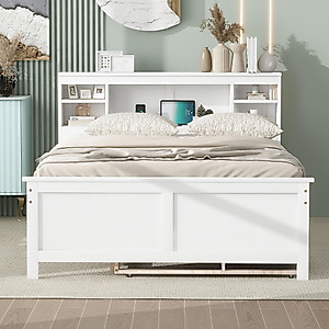 Harper & Bright Designs Full Size Bed with Bookcase Headboard, Wooden Full Platform Bed with Trundle and Drawers,Full Storage Bed with USB Ports Outlets for Kids Girls Boys,White