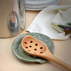 Retro Earthy Green Mushroom Spoon Rest, American Made Ceramic Stoneware