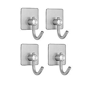 TOGU Self Adhesive Hooks Heavy Duty Bathroom Hooks/Towel Hooks/Coat&Robe Hooks/Wall Hooks Nail-Free Waterproof for Hanging Keys Hats Towel Coats,Brushed Stainless Steel Finish,4 Pack