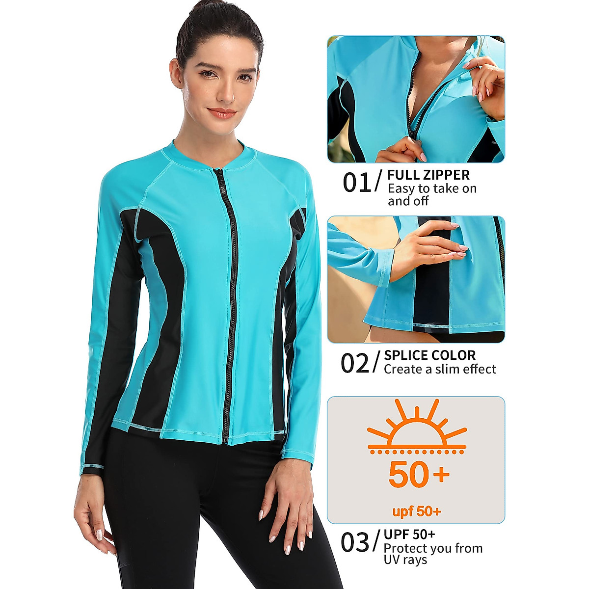 ATTRACO Womens Rash Guard Long Sleeve Sun Protection Swim Shirts Swim Top Aqua L