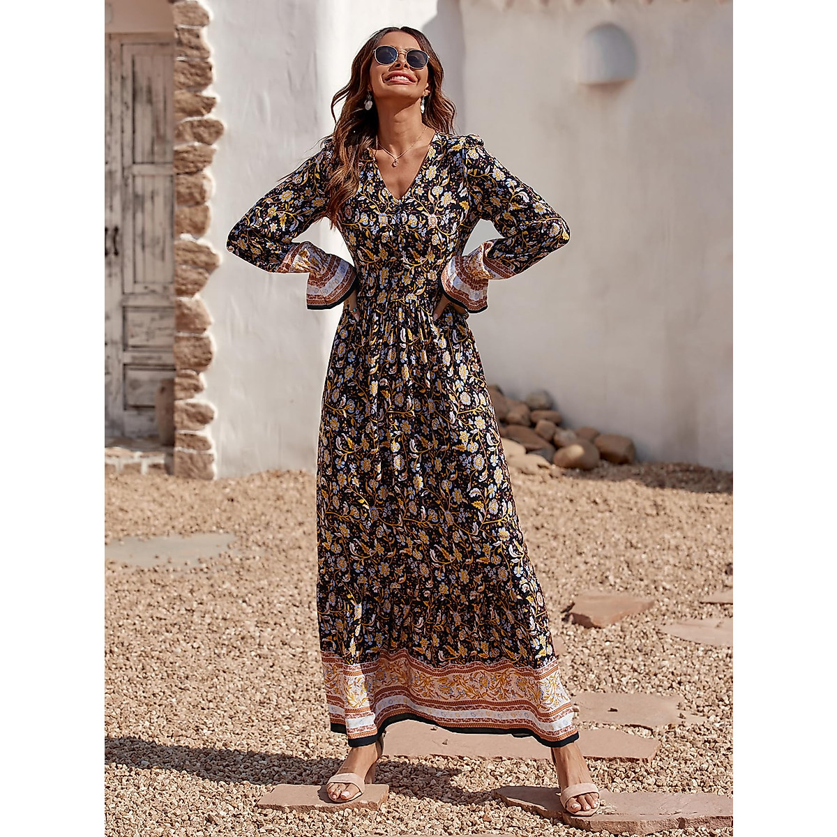 PRETTYGARDEN Long Dress Long Sleeve - Floral Button V Neck Casual Spring Boho Maxi Dresses (Black Yellow,X-Large)