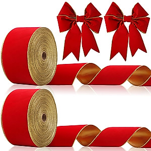 Giegxin 2 Rolls 100 Yard Christmas Velvet Ribbon Wired Gold Edge Ribbon Xmas Gift Wrapping Ribbon for Christmas Crafts Arrangement Decoration(Red and Gold, 4 Inch x 50 Yard)