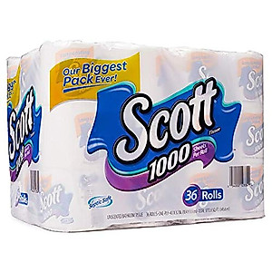 Scott 1000 Sheets Per Roll Toilet Paper,36 Rolls Bath Tissue