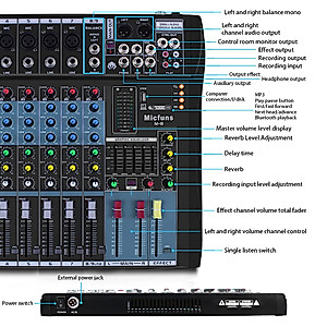 DJ Console Mixer Micfuns 8 Channel with Sound Board USB Bluetooth Audio Interface 48V Phantom Power Mixer Use for DJ Studio PC Recording Singing Webcast Party