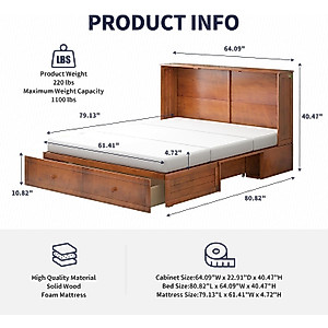Queen Size Murphy Bed,Cube Chest Cabinet Bed with Charging Station & 3 Level Foldable Memory Foam Mattress & & Large Drawer for Guests/Bed Room (Cherry)