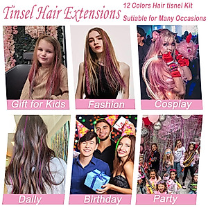 Hair Tinsel Kit 12 Colors 48 Inch 3600 Strands Hair Tinsel Strands Kit With Tools, Fairy Hair Tinsel Heat Resistant Safe Hair Glitter Tinsel Hair Extensions (12Colors, 3600 Strands)