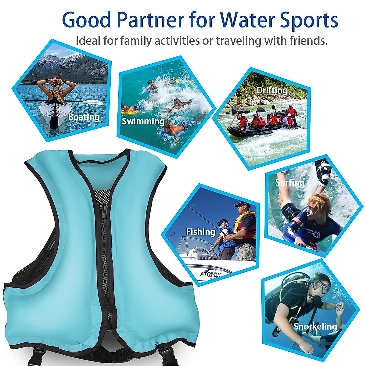 PQPB Snorkel Vests for Adult Inflatable Floatage Jacket Upgraded Buoyancy Kayak Aid Swim Jackets with Leg Straps Blue (SOF00002)