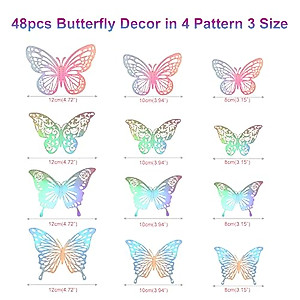 48Pcs 3D Butterfly Wall Stickers Laser Silver Butterfly Decors 4 Styles 3 Sizes Removable Butterfly Decorations Perfect for Birthday Wedding Party Classroom Girls Bedroom Decor