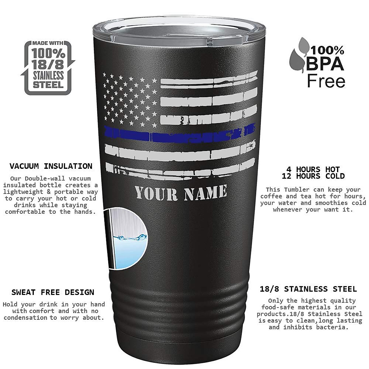Personalized Distressed Thin Blue Line Flag Police Officer on Black 20 oz Tumbler with Lid - Law Enforcement Gift - Insulated Cup - Travel Mug