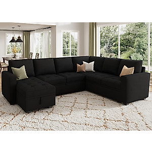 HONBAY Modular Sectional Sleeper Sofa with Pull Out Bed, Velvet Convertible L Shaped Sectional Couch with Storage Seat, Sectional Couches for Living Room, Balck