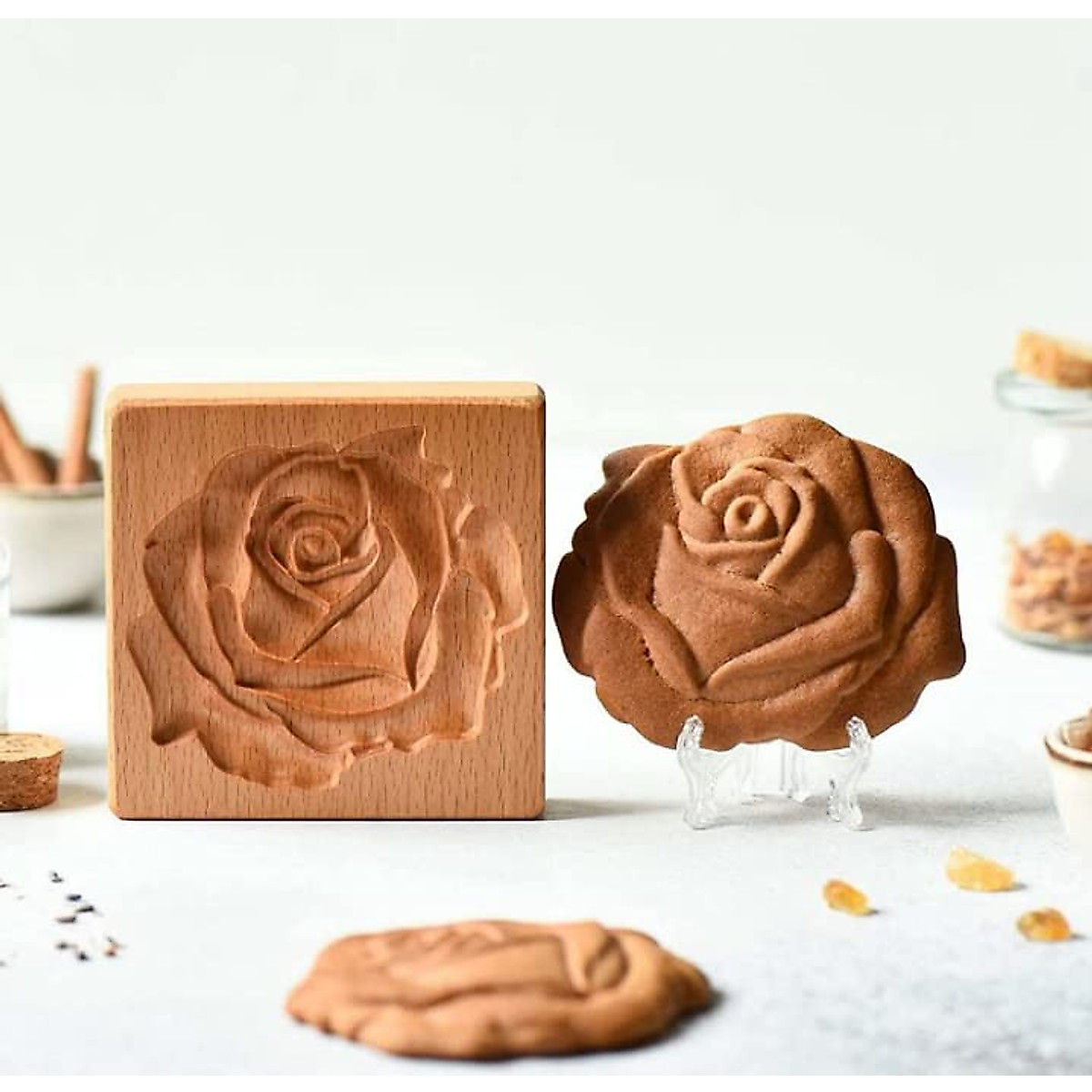Wooden Cookie Cutter Embossing Mold, 3D Carved Wooden Cookie Mold, Biscuit Press Stamp Molds for Baking Moulds Christmas Thanksgiving Halloween Easter Kitchen DIY (Red roses)