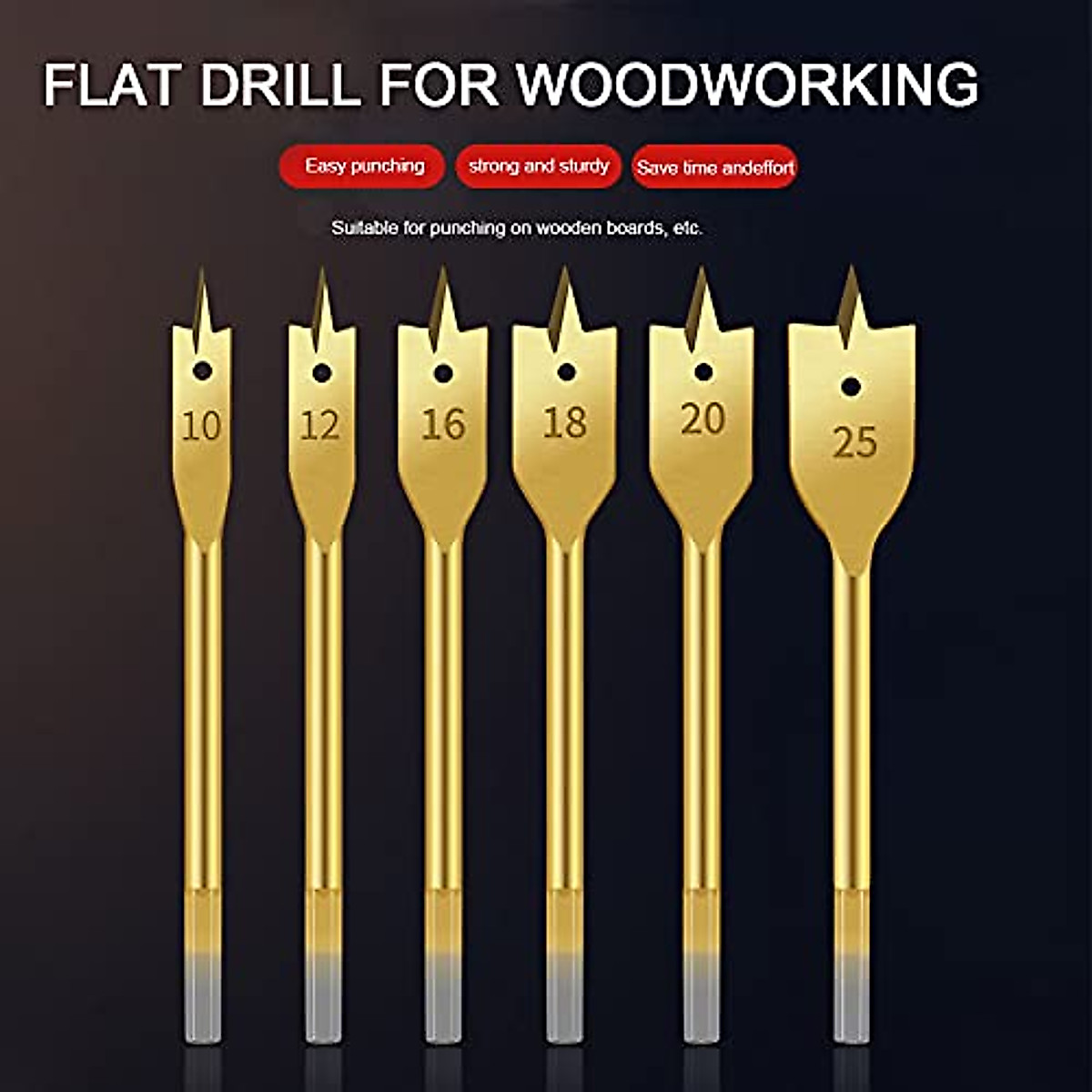 Spade Drill Bit Set, 6 Pieces Paddle Flat Bits for Woodworking, Carbon Steel with Titanium Coating, Quick Change Shank, Hole Cutter, 10mm 12mm 16mm 18mm 20mm 25mm