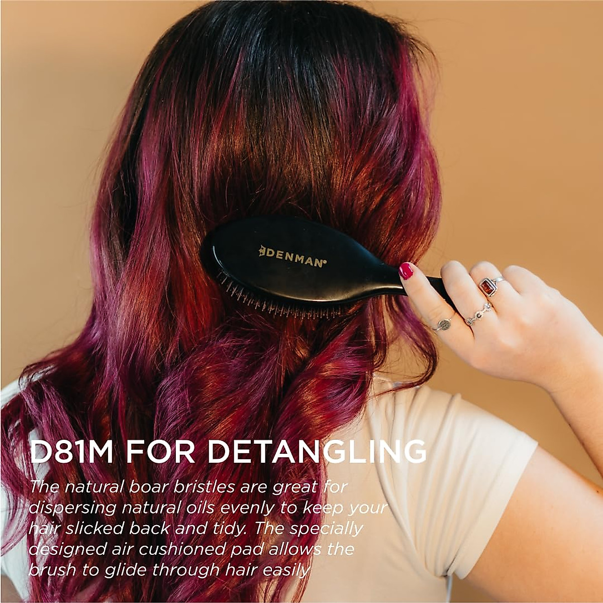 Denman Style and Shine Hair Brush for Slick Back Looks and Adding Glossy Shine to Hair with Soft Nylon Quill Boar Bristles for Sleek Smoothing, Detangling and Styling – Black, D81M