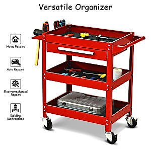ERGOMASTER Metal Service Utility Cart with Wheels - 500LBS Tool Cart Heavy Duty Rolling 3-Tier Storage Organizer, for Garage Industrial Cart (Red)