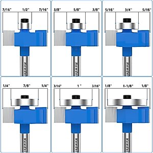 Newdeli Rabbet Router Bit Set 1/4 Inch Shank - 4Pcs Rabbeting Router Bits（1/8",1/4",3/8", 1/2" Height） with 6 Bearings Set (3/8", 1/2", 5/8", 3/4", 7/8", 1-1/8" Bearings) - Wood Biscuit Slot Cutters