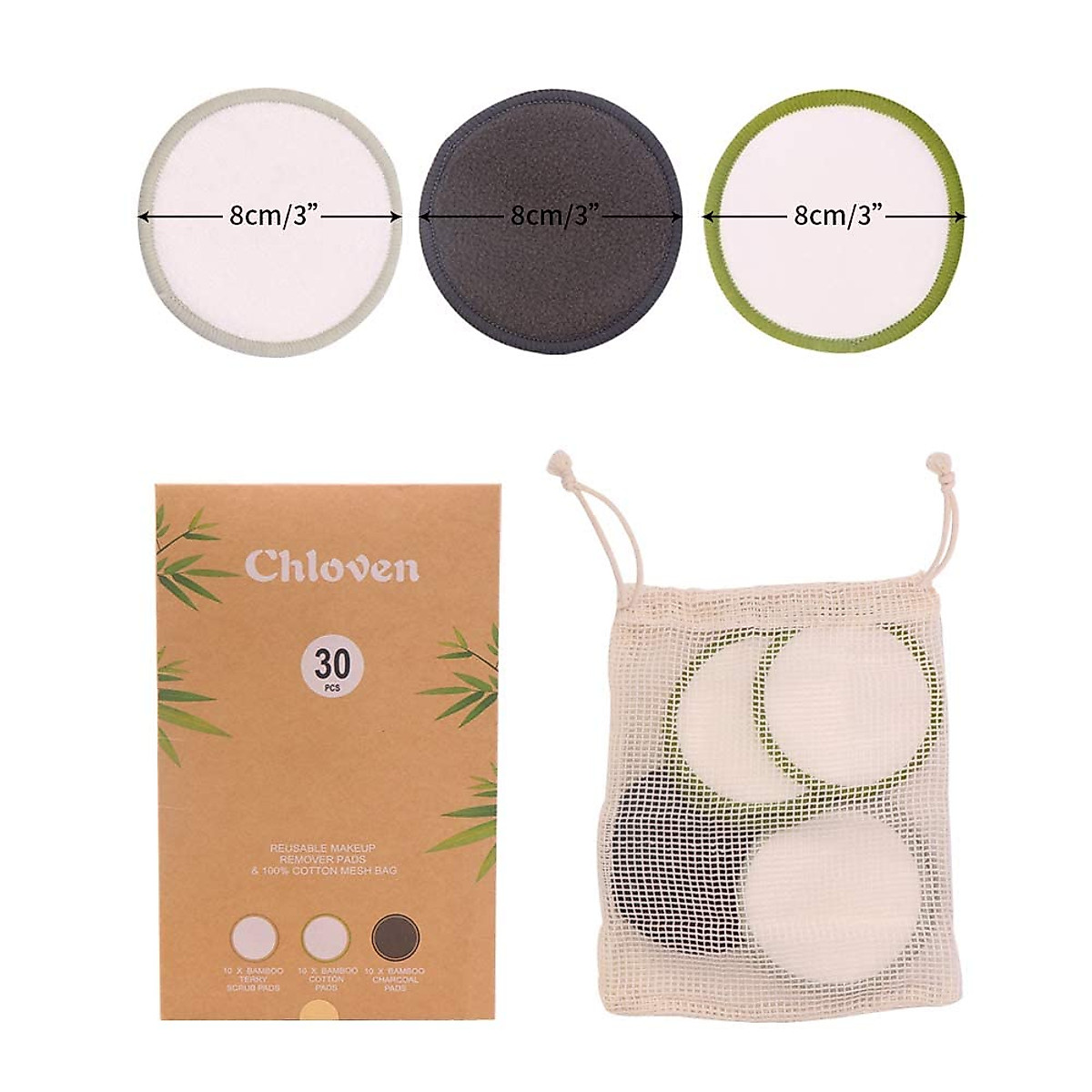 Chloven 30 Pack Reusable Makeup Remover Pads - Bamboo Cotton Rounds for Toner, Washable, Eco-Friendly for All Skin Types with Cotton Laundry Bag