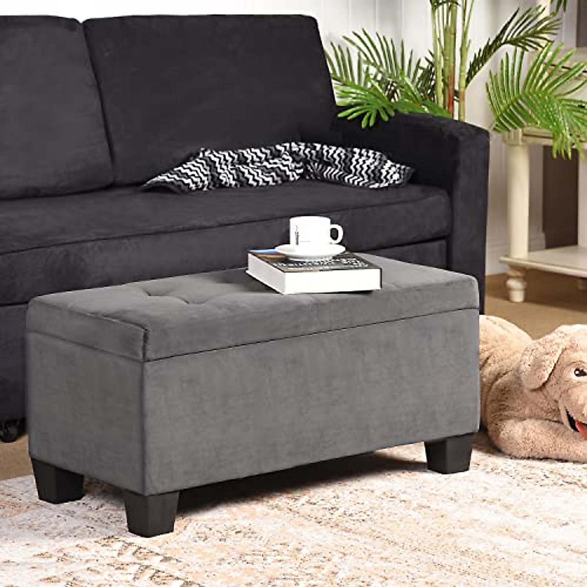 Homy Casa 30'' Storage Ottoman Tufted Velvet Ottoman Bench Upholstered Ottoman with Storage/Lid/Hinge, Modern Foot Rest Stool for Living Room Bedroom Entryway, Grey