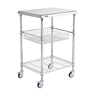 VEVOR Kitchen Utility Cart, 3 Tiers, Wire Rolling Cart with 470LBS Capacity, Steel Service Cart on Wheels, Metal Storage Trolley with 76mm Basket Curved Handle PP Liner 6 Hooks, for Indoor and Outdoor