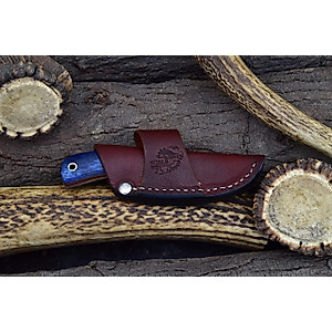 Knives Ranch Handmade Damascus Steel Full Tang 5-1/2" Cowboy Style Dandy Knife with Blue Dyed Cattle Bone Handle and Horizontal Carrying Crossdraw Sheath Snug Fit (2006-BLU)