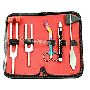Premium Student Diagnostic Kit- Reflex Hammer & Tuning Fork Set C 128 And C 512 + Wartenberg Pinwheel Premium Steel Bandage Scissor 7.5” (Set Of 5 Rainbow Scissors Reusable Penlight)