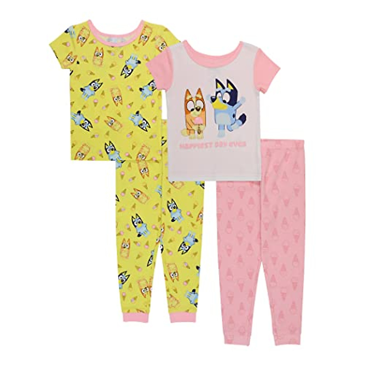 Bluey Girls' 4-Piece Cotton Snug-Fit Pajamas Set, Happy Day, 4T