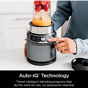 Ninja BN401-A Nutri Pro Compact Personal Blender, Auto-iQ Technology, 1100-Peak-Watts, for Frozen Drinks, Smoothies, Sauces & More, with (2) 32-oz. To-Go Cups & Spout Lids, Gray (2) 32-oz. To-Go Cups, Dark Gray)