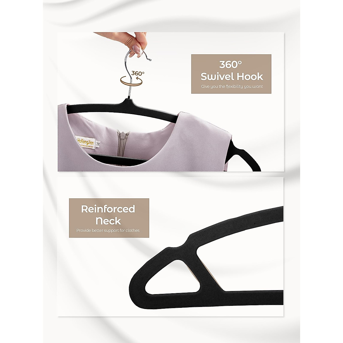 HOUSE DAY Black Velvet Hangers 20 Pack, Luxury Felt Hangers Non Slip Clothes Hangers, Space Saving Black Hanger Heavy Duty Coat Hanger, No Shoulder Bump Focked Hanger with 360° Swivel Hook for Closet