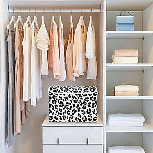 Joisal White Leopard Black Cheetah Collapsible Flip-Top Storage Box with Lid, Stackable Storage Boxes, Large Storage Bags, with Handle and Full Print