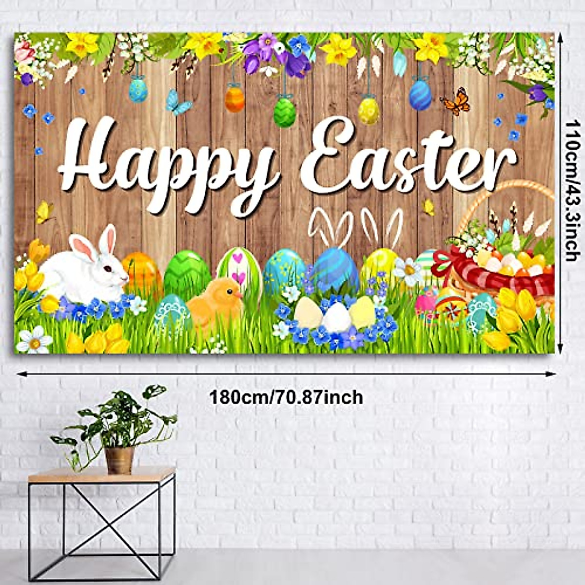 Happy Easter Decorations Easter Backdrops Photography Banner Bunny Grassland Rustic Wood Background Eggs Banner for Jesus Easter Spring Party Decorations, 70.8 x 43.3 Inch